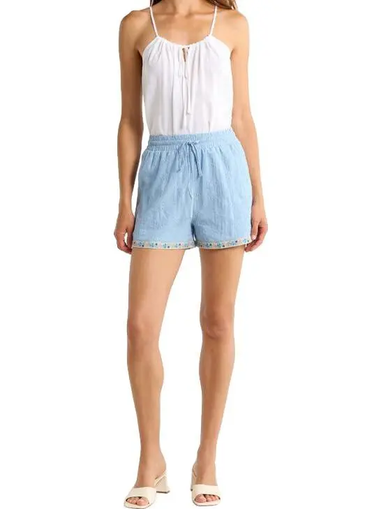 SUGARLIPS Embroidered High-waisted Cotton Shorts - Lt-blue