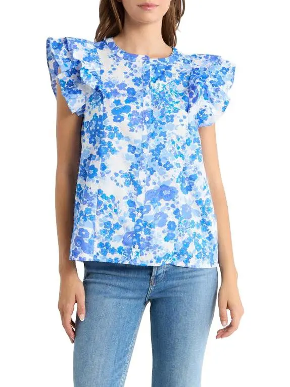 SUGARLIPS Floral Cotton Button-up Shirt With Ruffled Cap Sleeves - White-blues-multi