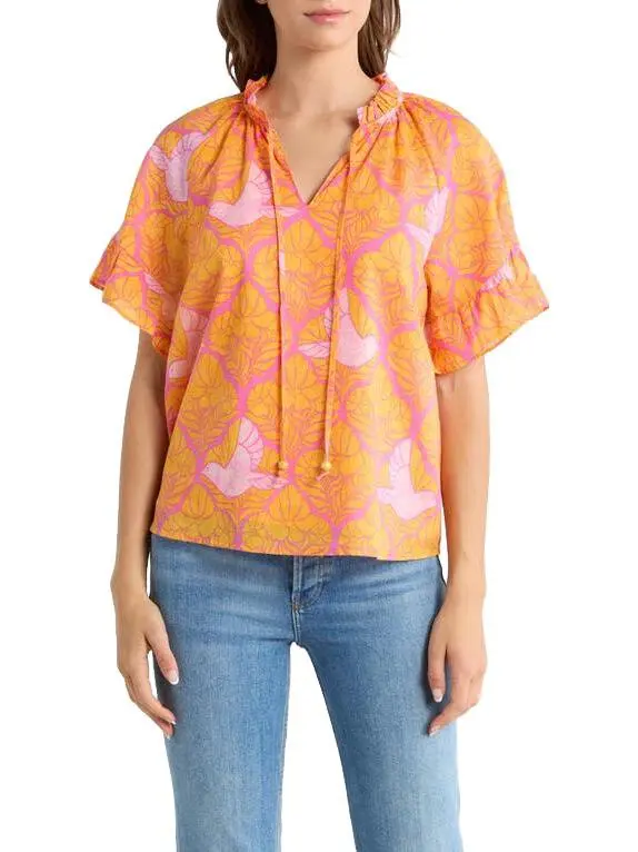 SUGARLIPS Jaidy Floral Split Neck Cotton Top - Orange-pinks-multi