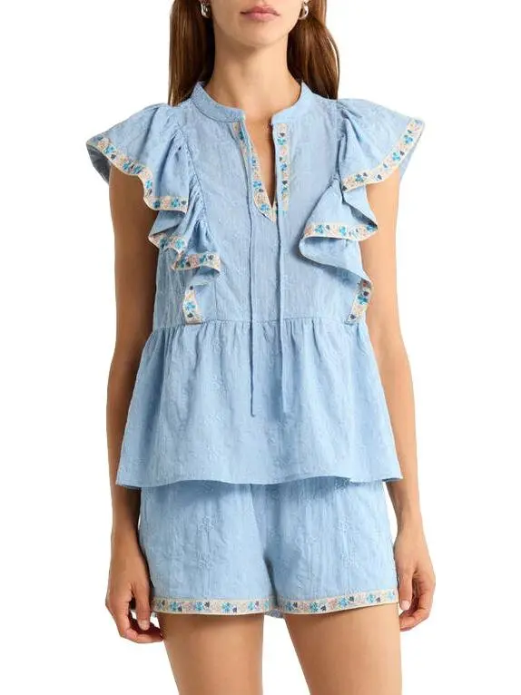 SUGARLIPS Marcy Floral Ruffle Trim Split Neck Top - Lt-blue