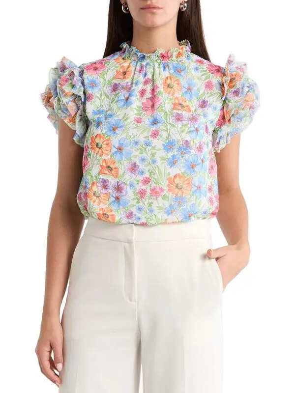 SUGARLIPS Floral Mock Neck Ruffle Sleeve Top - Blue-pink-yellow