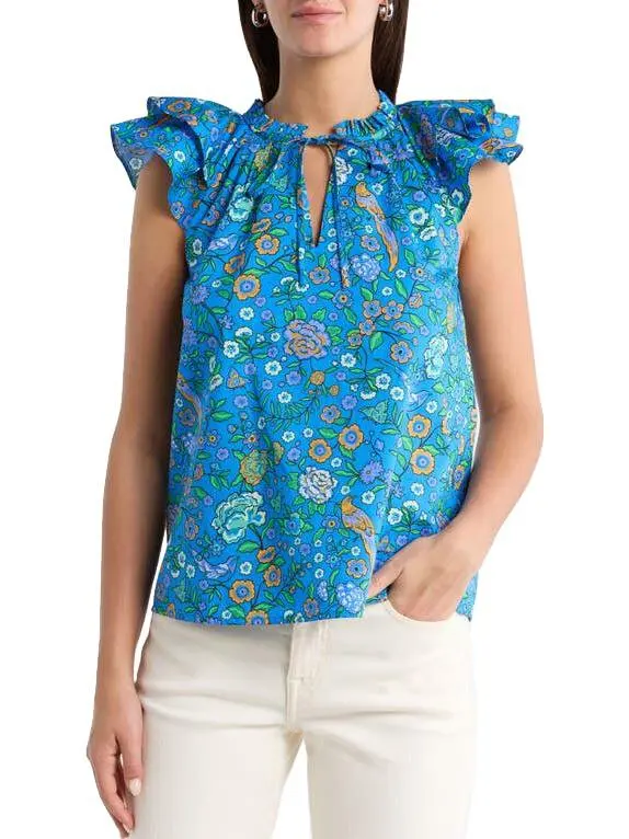 SUGARLIPS Floral Flutter Sleeve Cotton Top - Blue-greens