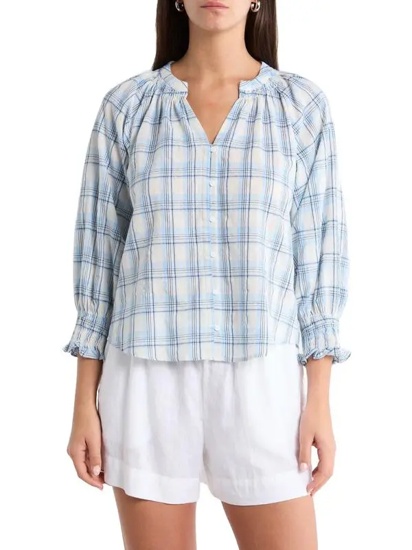 SUGARLIPS Plaid Raglan Sleeve Top - Blue-cream