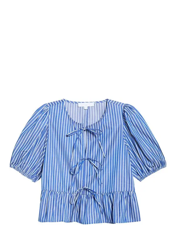 SUGARLIPS V-neck Tie Front Puff Sleeve Top - Blue/white