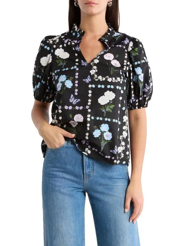 SUGARLIPS Floral Split Neck Puff Sleeve Top - Black-pastel