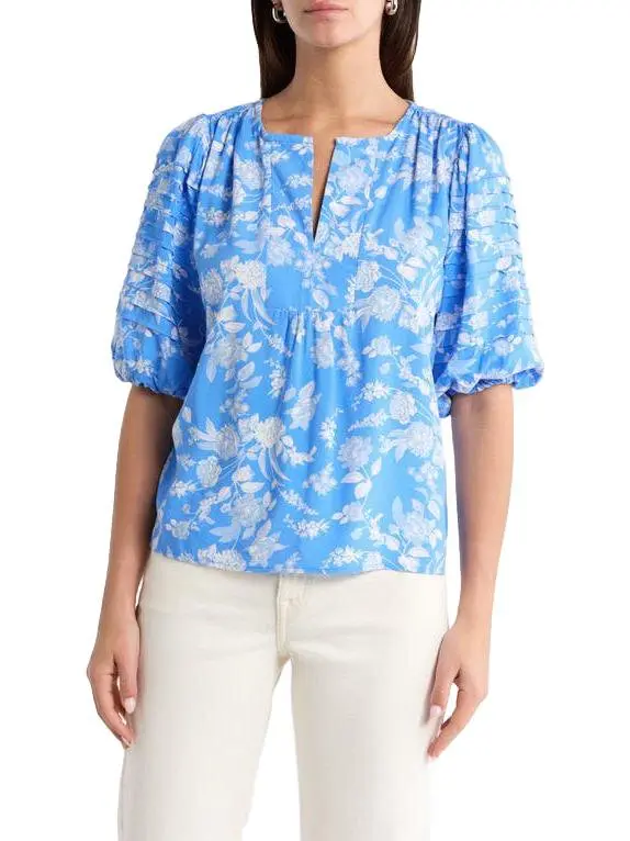 SUGARLIPS Floral Print Puff Sleeve Top - Blue-white