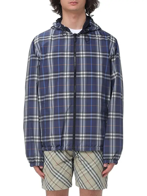 Burberry Checked Zip-up Hooded Jacket - Blue