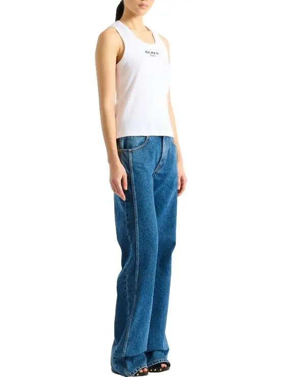 Balmain Paris Embroidered Ribbed Tank Top - White