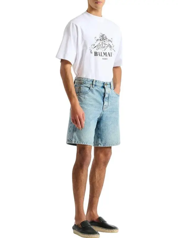 Balmain Light Wash Faded Denim Bermuda Shorts - Blue