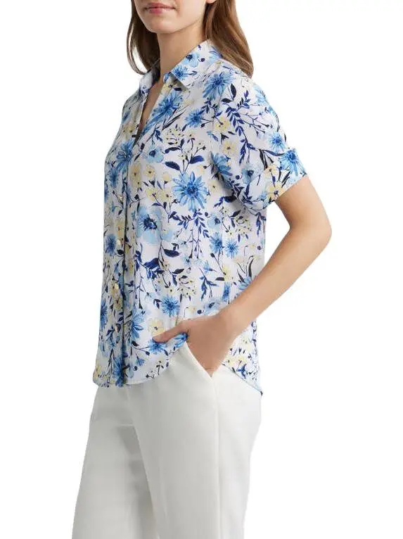 Anne Klein Floral Short Sleeve Blouse - Crisp White Multi
