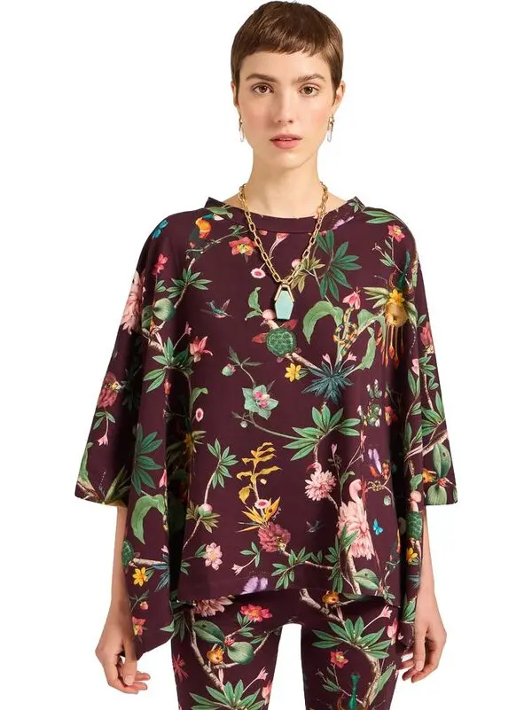 La DoubleJ Meditation Poncho In Printed Cotton Fleece - Zooflora Bordeaux