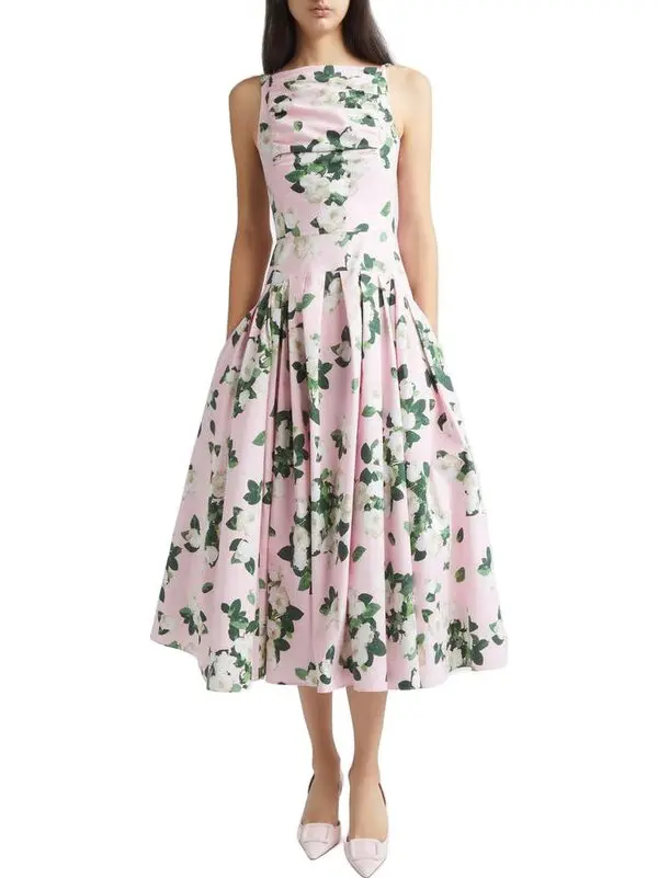 Carolina Herrera Rose Print Bateau Neck Midi Dress - Rosewater Multi