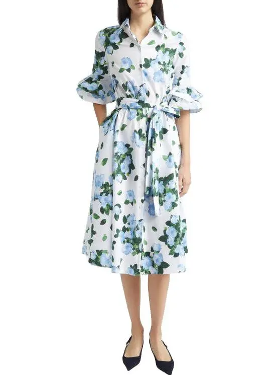 Carolina Herrera Rose Print Belted Midi Shirtdress - White Multi