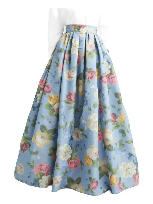 Carolina Herrera Chiné Floral Print Taffeta Ball Skirt - Cloudy Blue Multi