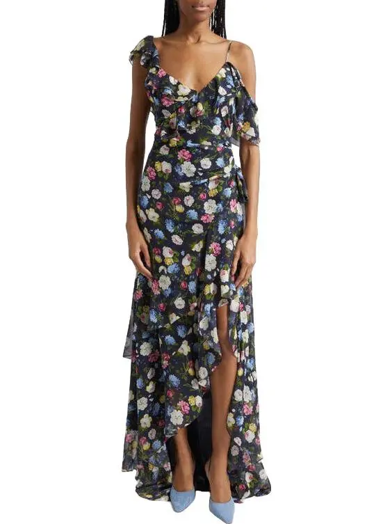 Carolina Herrera Floral Print Ruffle Asymmetric Silk Gown - Midnight Multi