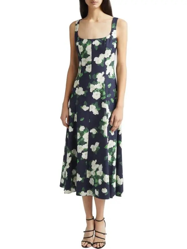 Carolina Herrera Rose Print Sleeveless Square Neck Midi Dress - Midnight Multi