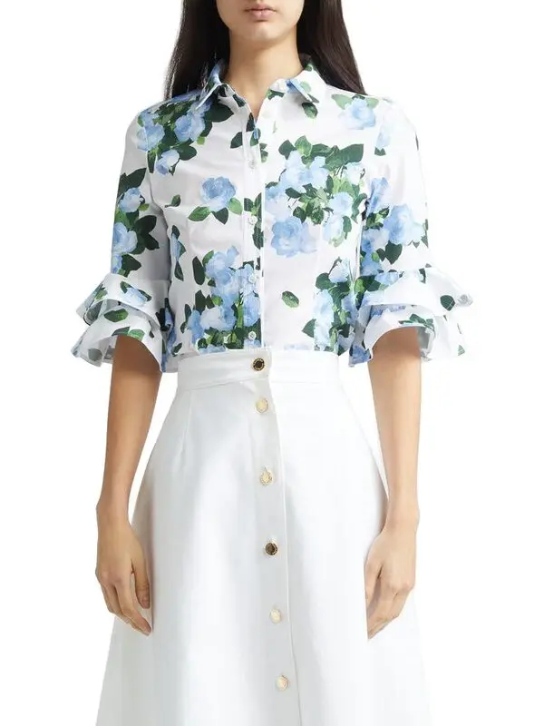 Carolina Herrera Rose Print Tiered Ruffle Cuff Button-up Shirt - White Multi