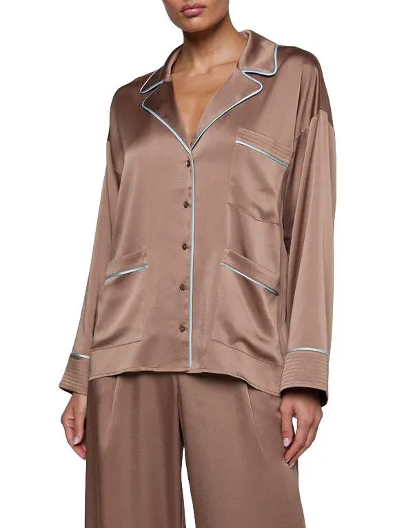 L'Agence Mara Satin Button-up Shirt - Mocha Tan/cool Blue