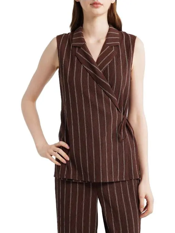Anne Klein Sleeveless Notch Lapel Stripe Wrap Top - Dark Chocolate/white