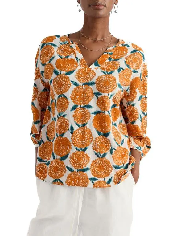 SEASALT CORNWALL Floral Print Cotton Blend Top - Painted Marigold Chalk