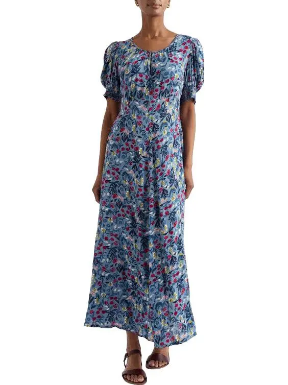 SEASALT CORNWALL Marsh Violet Floral Maxi Dress With Puff Sleeves - Spring Stems Seascape Mix