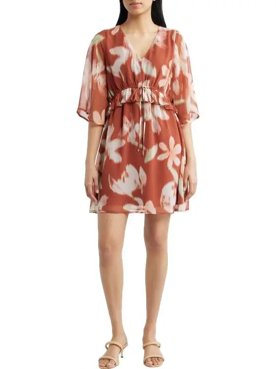 CITY BLUES Floral Print V-neck Mini Dress - Paprika