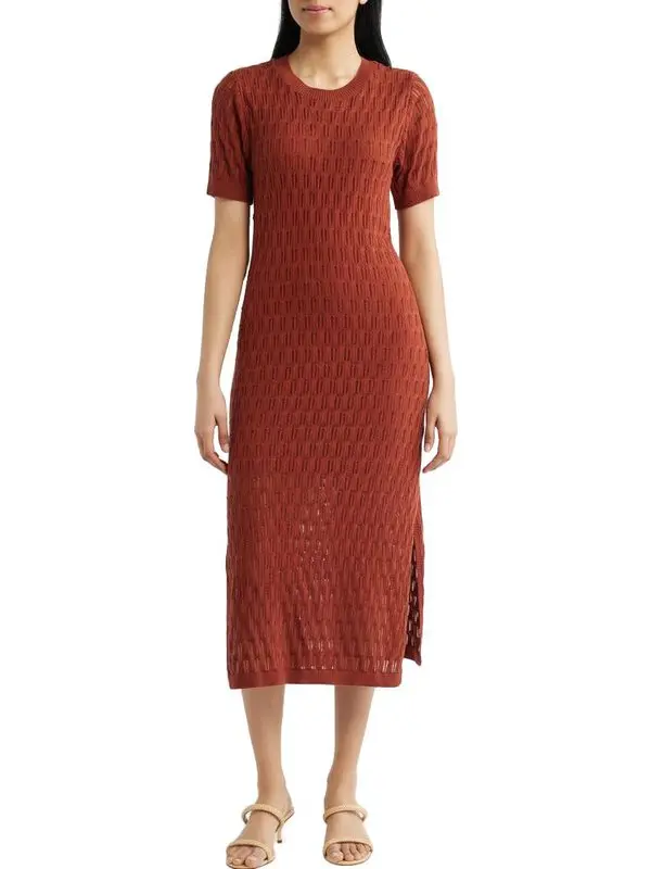 CITY BLUES Textured Midi Sweater Dress With Crewneck And Short Sleeves - Paprika