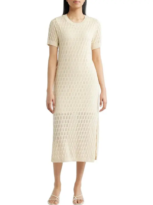 CITY BLUES Textured Midi Sweater Dress With Crewneck And Short Sleeves - Parchment