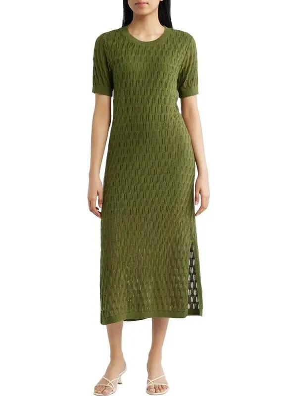 CITY BLUES Textured Midi Sweater Dress With Crewneck And Short Sleeves - Pine