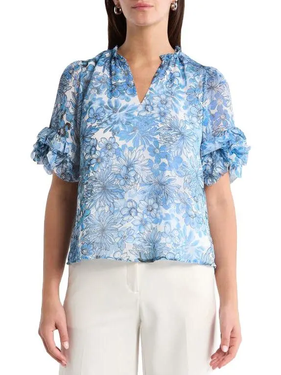 SUGARLIPS Tierra Floral Ruffle Trim Top - Blues