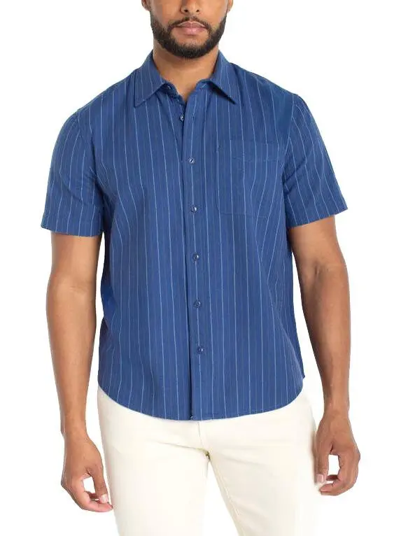 LIVERPOOL Pinstripe Short Sleeve Cotton Button-up Shirt - Blue Multi