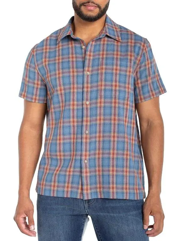LIVERPOOL Plaid Short Sleeve Cotton Button-up Shirt - Blue Red Multi