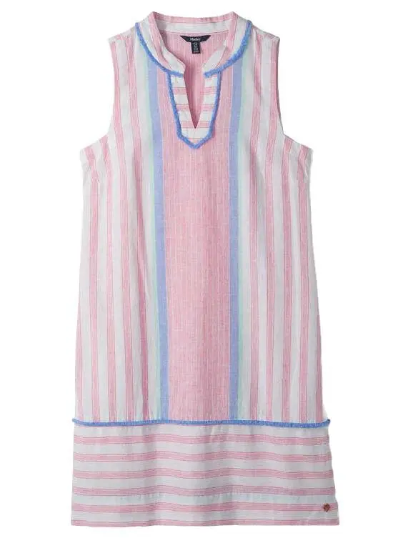 HATLEY Sleeveless Linen & Cotton Striped Shift Dress With Fringe Trim - Pink