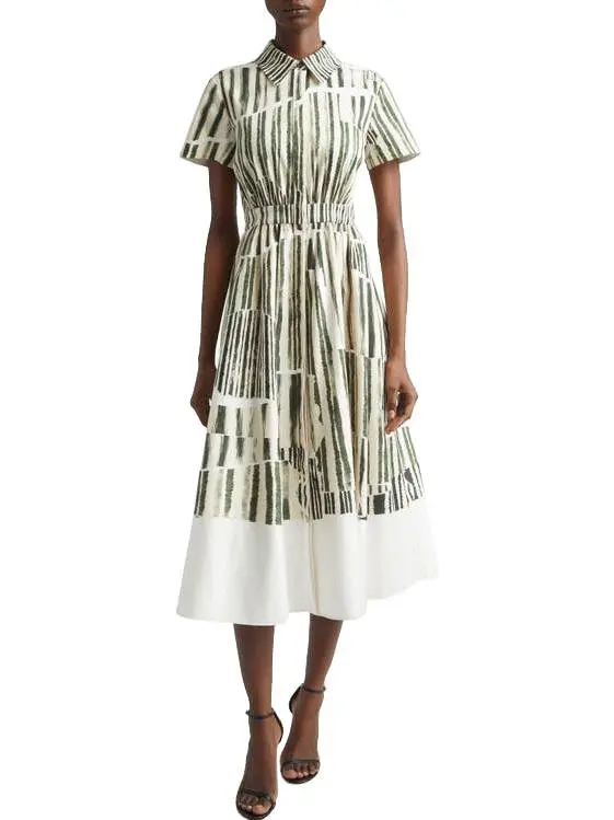 JASON WU Striped Collage Stretch Cotton Midi Shirtdress - Plaster/hunter Green