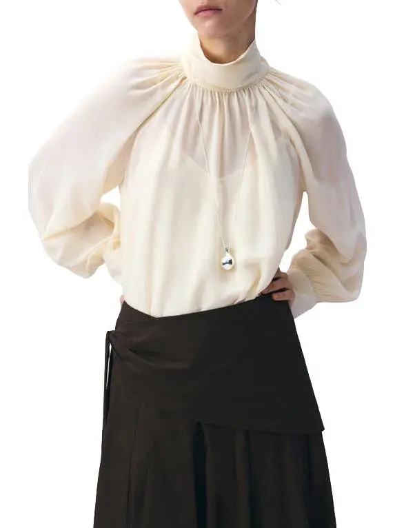 Mango Ruffle Balloon Sleeve Semisheer Top - Ecru