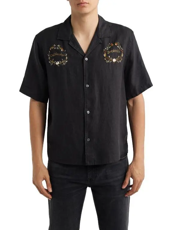ALLSAINTS Klavicle California Dreamin' Embroidered Linen Camp Shirt - Jet Black