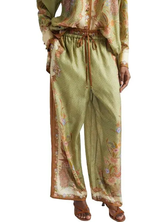 Zimmermann Indra Border Print Silk Wide Leg Pants - Khaki Scarf Floral