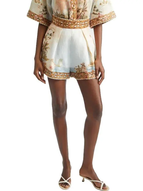 Zimmermann Mahon Postcard Print Linen Shorts - Island Map Blue