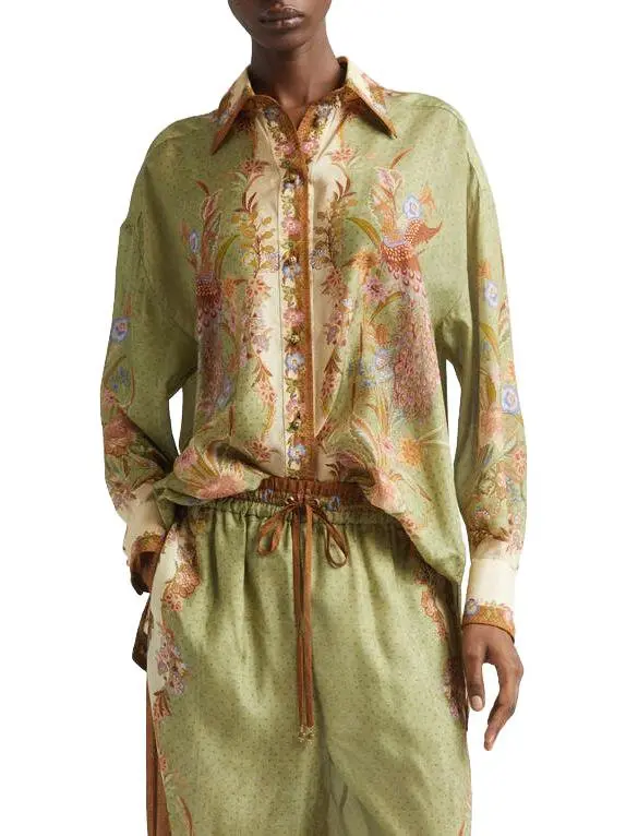 Zimmermann Indra Placed Print Silk Button-up Shirt - Khaki Scarf Floral