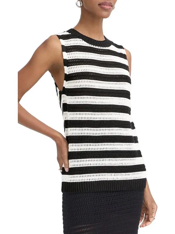 ICHI Striped Knit Sleeveless Top - Black W Almond Milk