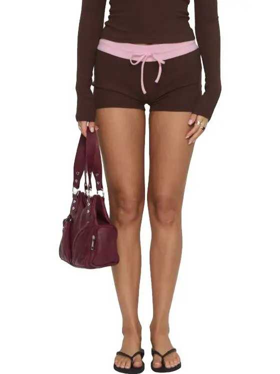 Princess Polly Ribbed Stretch Cotton Micro Shorts - Brown/pink