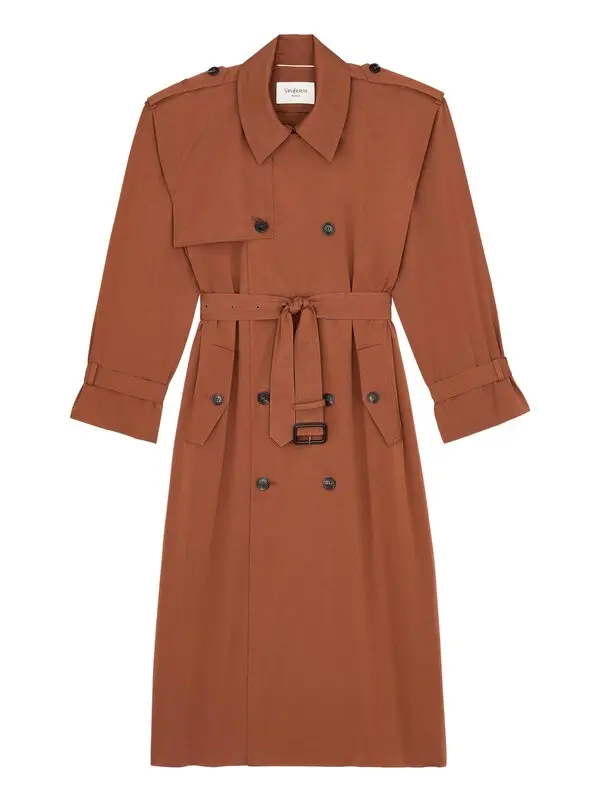 Saint Laurent Trench Coat In Water-repellent Cotton And Silk - Mocha