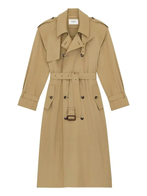 Saint Laurent Trench Coat In Water-repellent Cotton And Silk - Beige