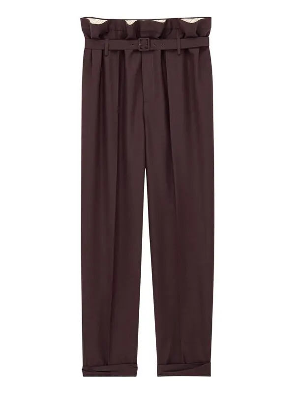 Saint Laurent Paperbag Waist Wool And Mohair Pants - Prune
