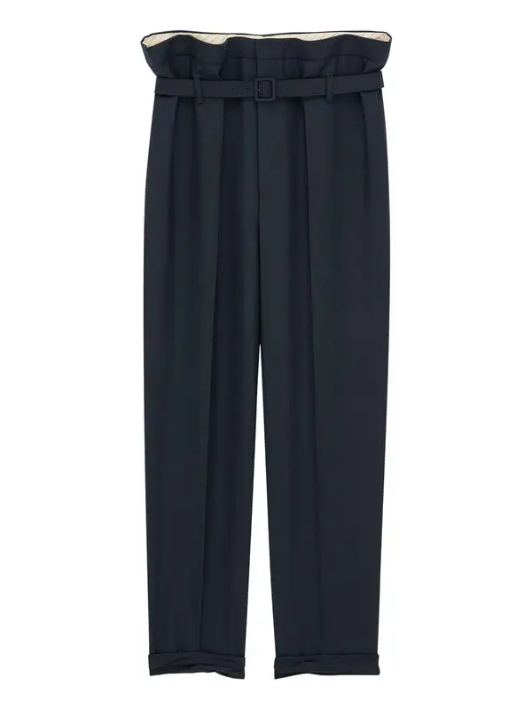 Saint Laurent Paperbag Waist Virgin Wool Slim Fit Pants - Marine Fonce