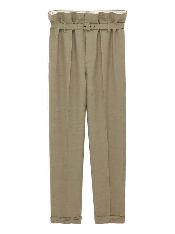 Saint Laurent Wool Gabardine Belted Paperbag Waist Pants - Kaki Grise