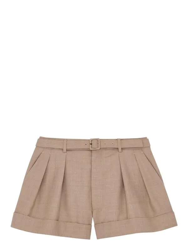 Saint Laurent Tailored Virgin Wool Shorts With Belted Waist - Beige