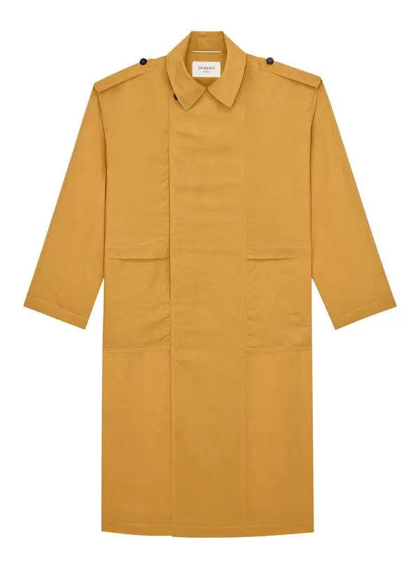 Saint Laurent Broad-shoulder Trench Coat In Silk - Caramel