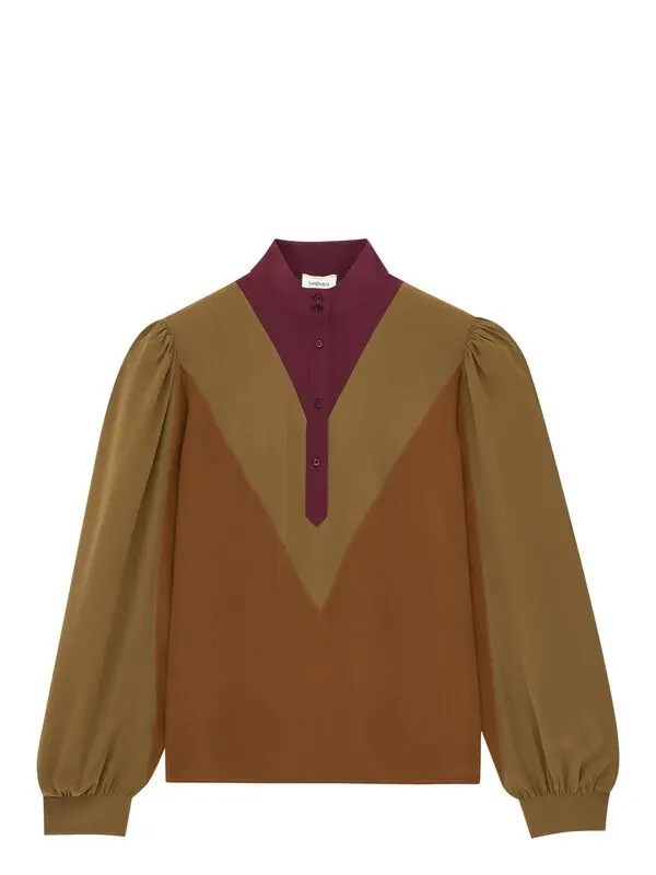 Saint Laurent Color-block Chevron Blouse In Silk Crepe De Chine - Algue