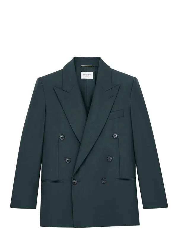 Saint Laurent Double-breasted Jacket In Light Wool And Mohair - Vert Fonce